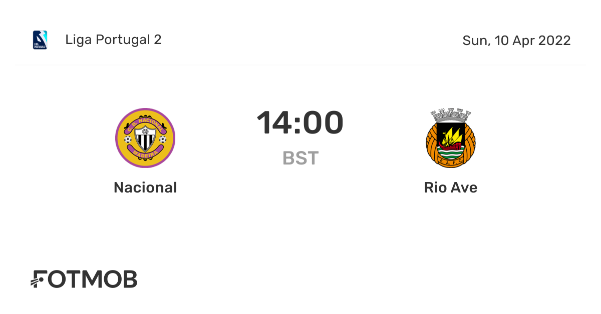 Nacional vs Rio Ave - live score, predicted lineups and H2H stats.