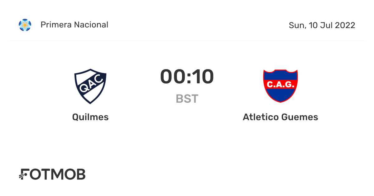 Quilmes vs Atletico Guemes - live score, predicted lineups and H2H stats.