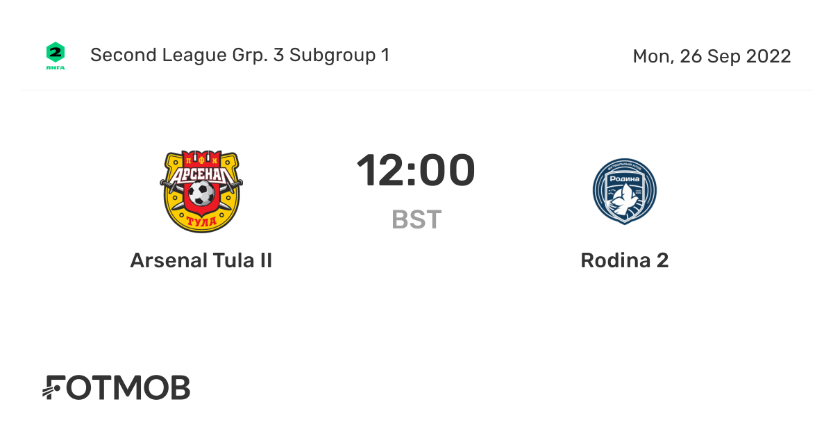 Arsenal Tula II vs Rodina 2 - live score, predicted lineups and H2H stats.