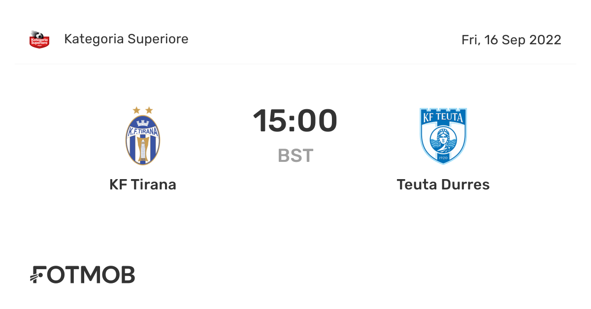 KF Tirana vs Teuta Durres - live score, predicted lineups and H2H stats.