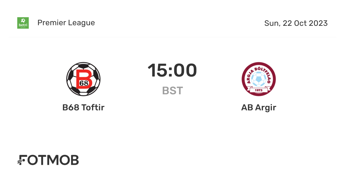 B68 Toftir vs AB Argir - live score, predicted lineups and H2H stats.