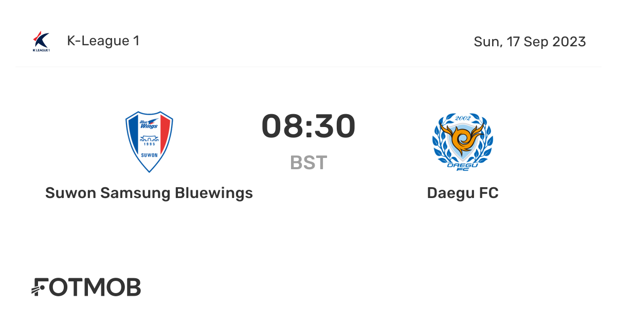 Suwon Samsung Bluewings 대 Daegu FC - 실시간 점수, 예상 스타팅 라인업 및 H2H 통계