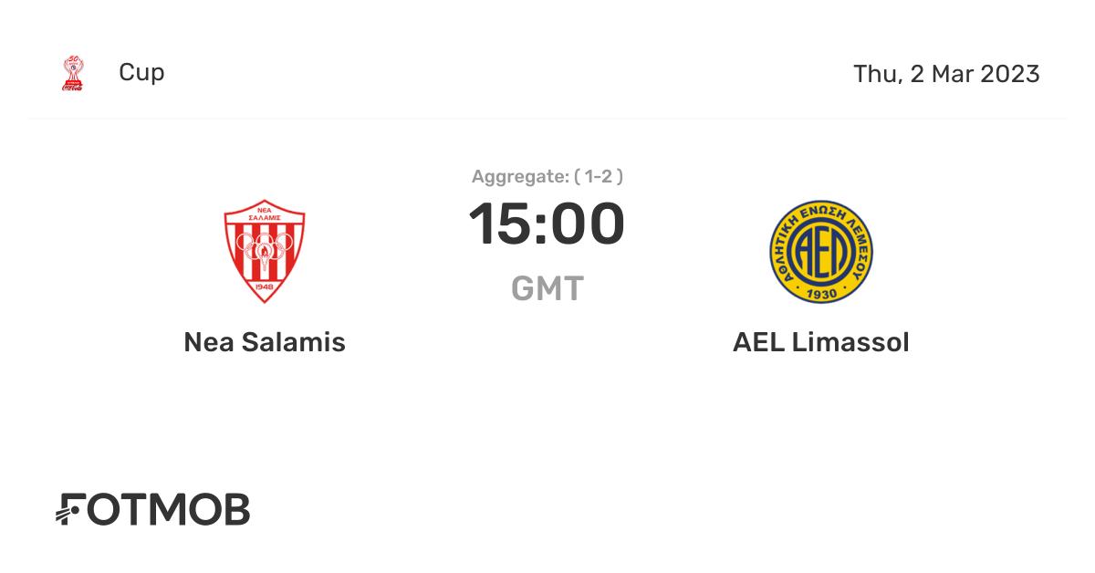 Nea Salamis vs AEL Limassol - live score, predicted lineups and H2H stats.