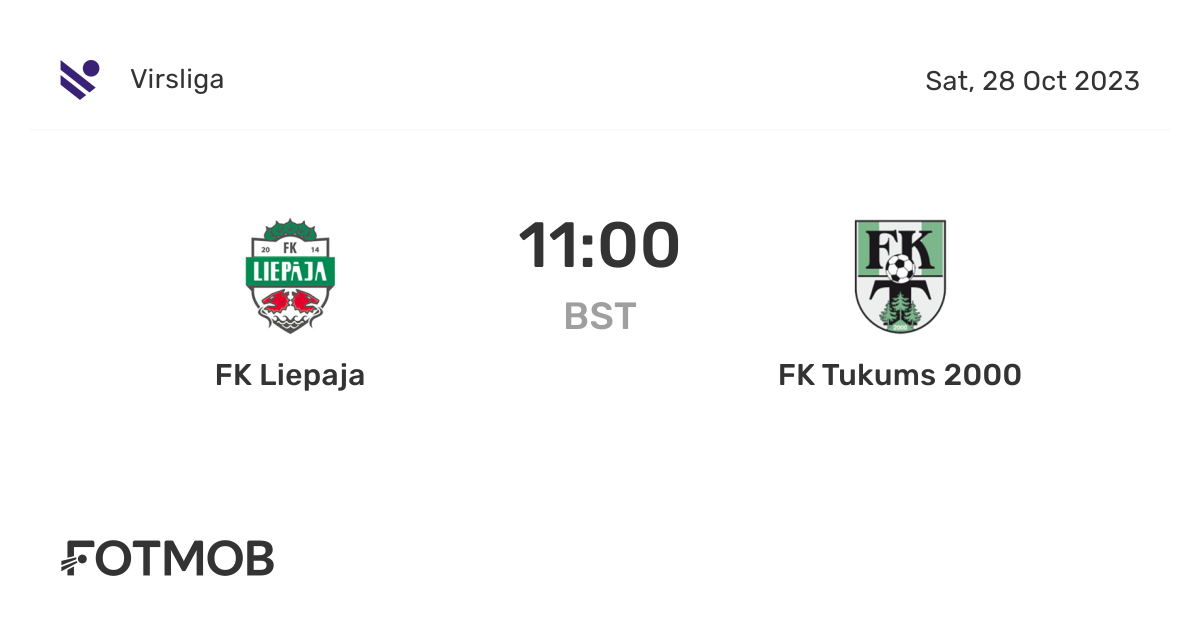 FK Liepaja vs FK Tukums 2000 - live score, predicted lineups and H2H stats.