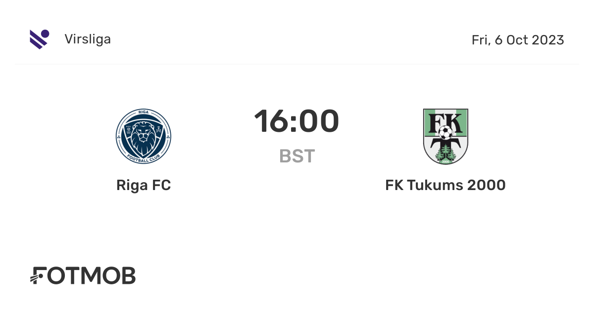 Riga FC vs FK Tukums 2000 - live score, predicted lineups and H2H stats.