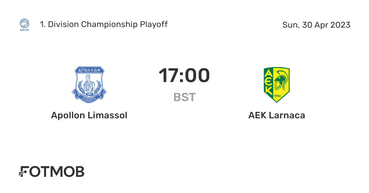 Apollon Limassol vs AEK Larnaca - live score, predicted lineups and H2H stats.