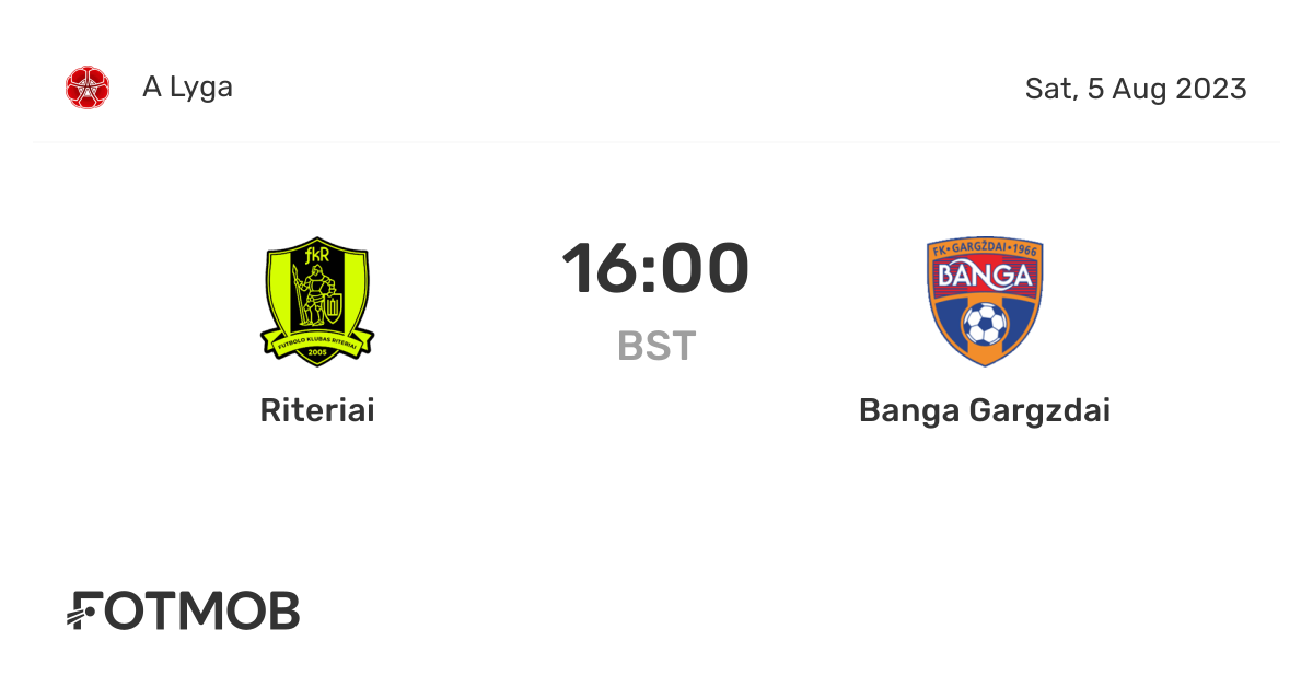 Riteriai vs Banga Gargzdai - live score, predicted lineups and H2H stats.