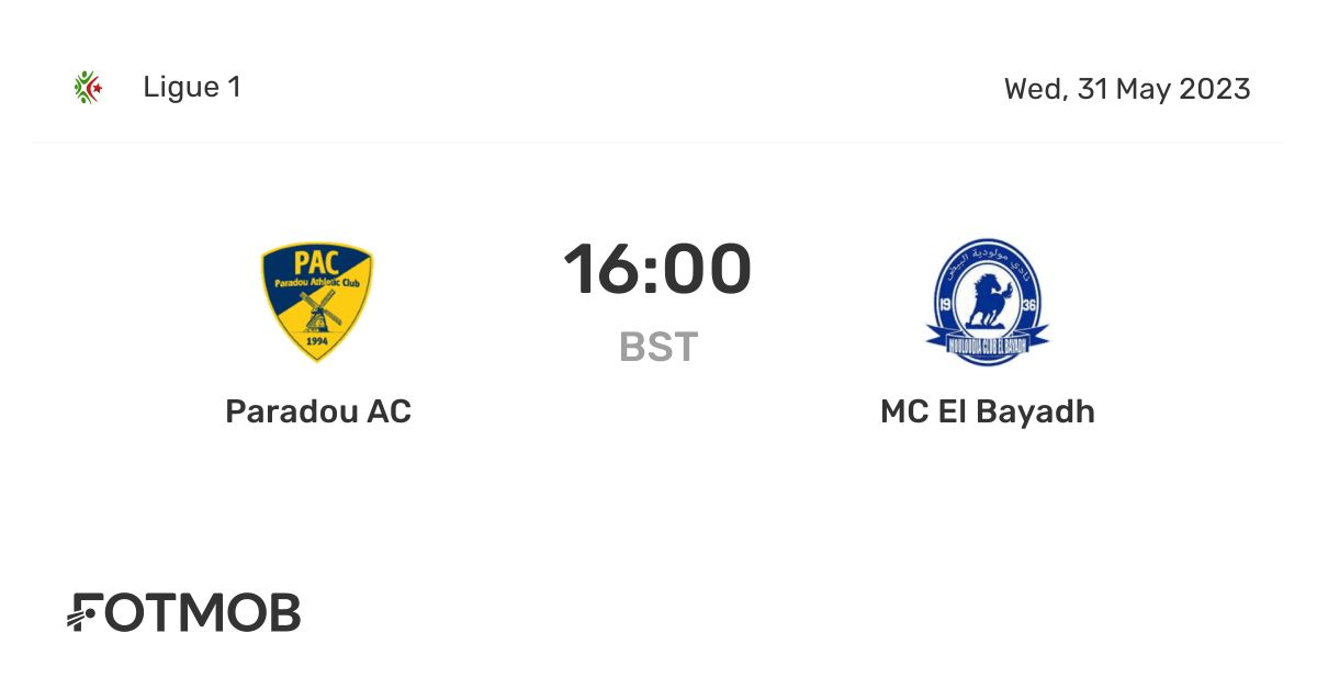 Paradou AC vs MC El Bayadh - live score, predicted lineups and H2H stats.
