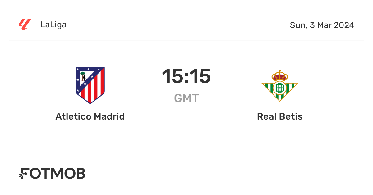 Atletico Madrid 대 Real Betis 실시간 점수 예상 스타팅 라인업 및 H2h 통계