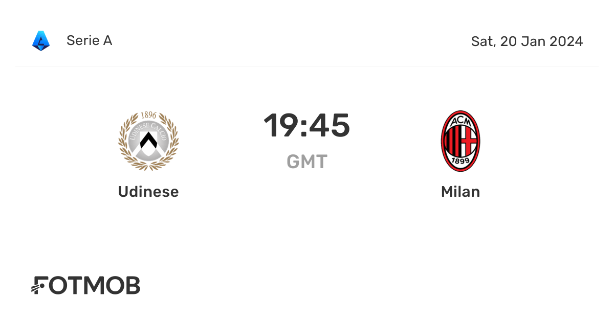 Udinese vs AC Milan - 实时比分、预计首发阵容和对战纪录