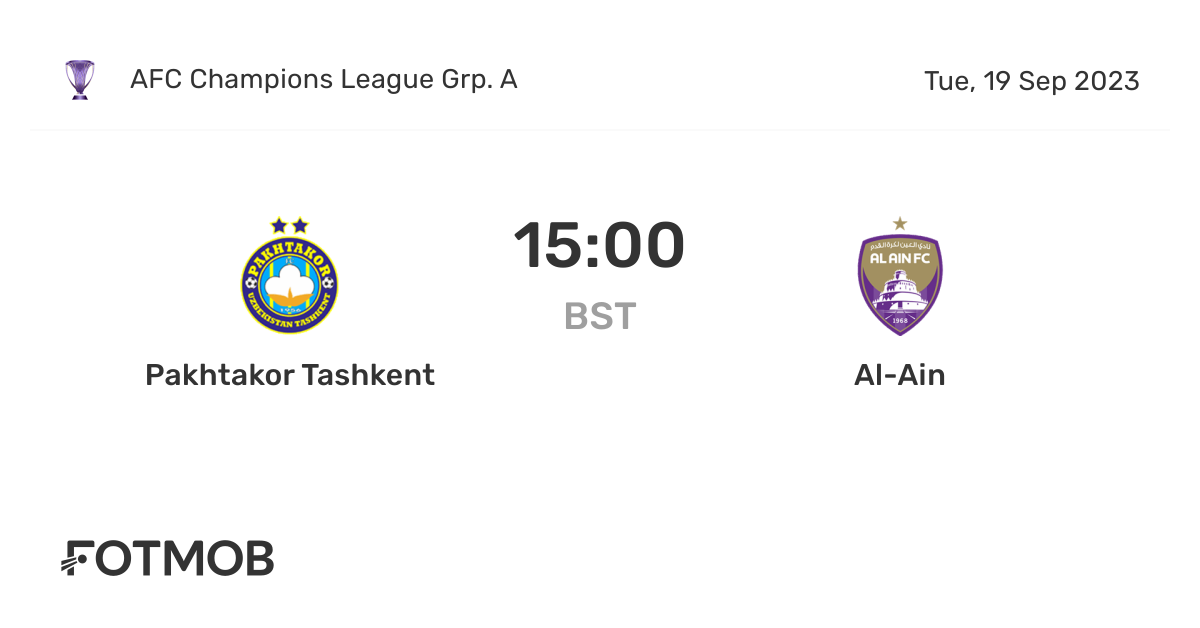 Pakhtakor Tashkent vs Al-Ain - live score, predicted lineups and H2H stats.