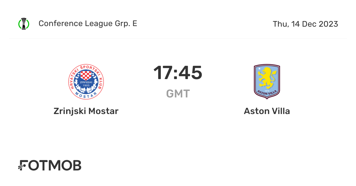 Zrinjski Mostar vs Aston Villa - live score, predicted lineups and H2H stats