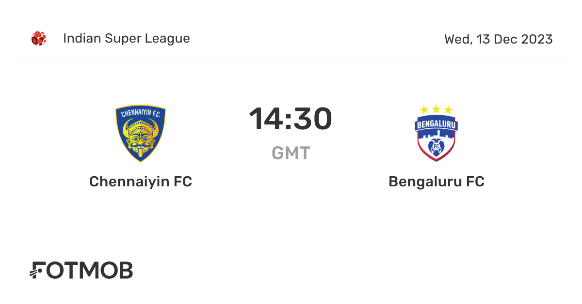 Chennaiyin FC vs Bengaluru FC - live score, predicted lineups and H2H stats.