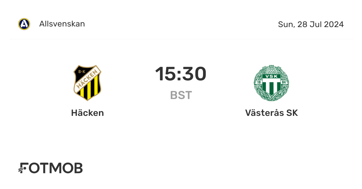 Häcken vs Västerås SK - 实时比分、预计首发阵容和对战纪录