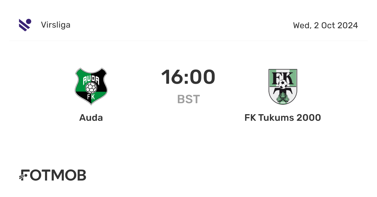 Auda vs FK Tukums 2000 - live score, predicted lineups and H2H stats