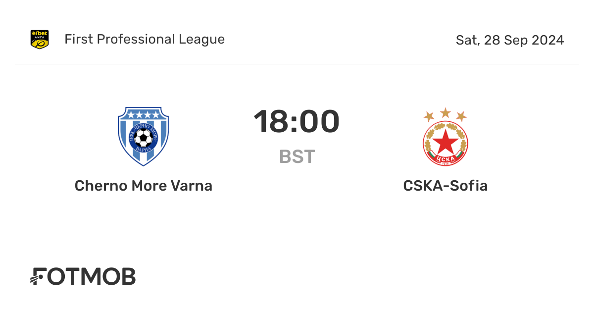 Cherno More Varna 대 PFC CSKA-Sofia - 실시간 점수, 예상 스타팅 라인업 및 H2H 통계