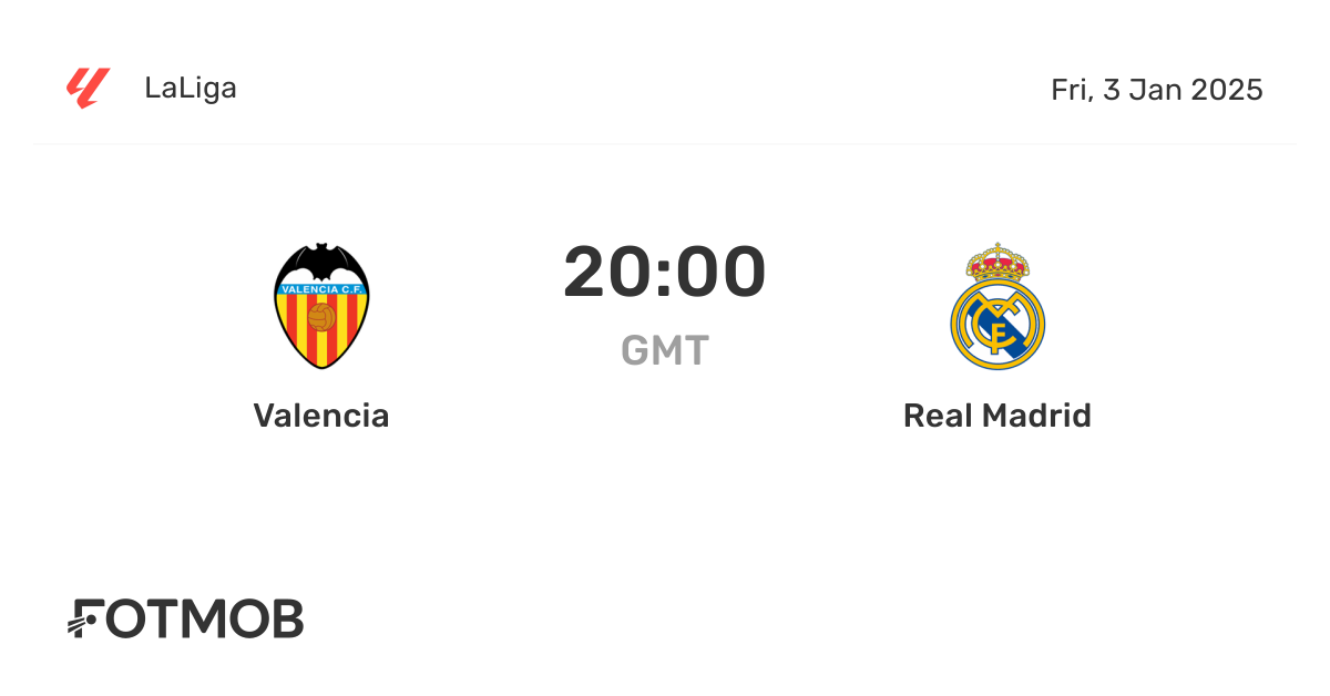 Valencia 대 Real Madrid 실시간 점수 예상 스타팅 라인업 및 H2h 통계