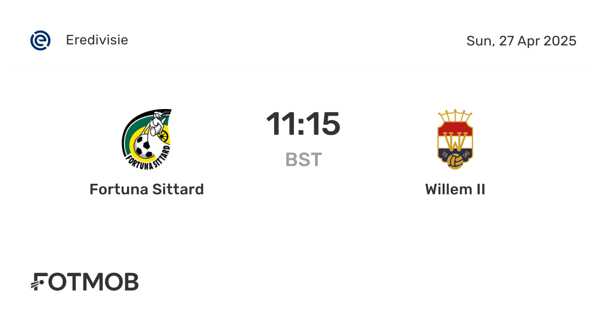 Fortuna Sittard 대 Willem Ii 실시간 점수 예상 스타팅 라인업 및 H2h 통계