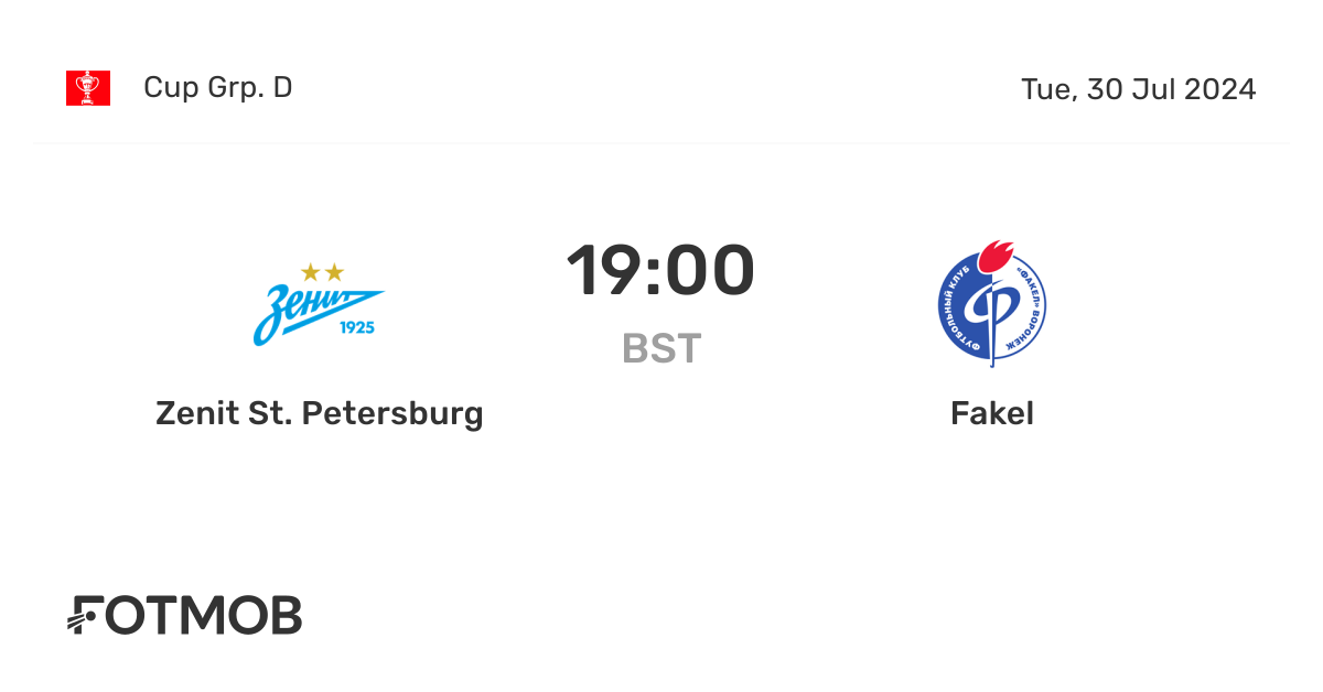 Zenit St. Petersburg vs Fakel - marcador en vivo, alineaciones previstas y estadísticas H2H