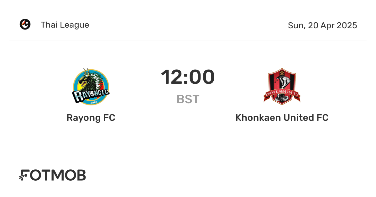 Rayong FC ปะทะ Khonkaen United FC - คะแนนสด, ตัวจับแข้งที่คาดการณ์และสถิติ H2H