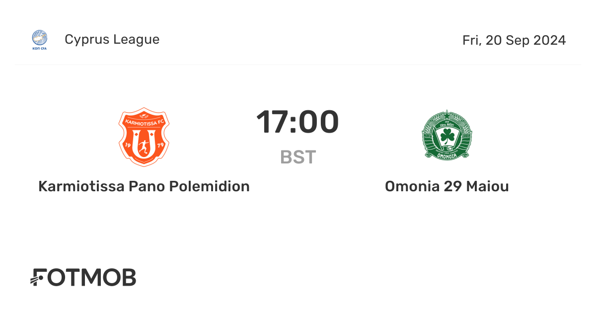 Karmiotissa Pano Polemidion 대 Omonia 29 Maiou - 실시간 점수, 예상 스타팅 라인업 및 H2H 통계