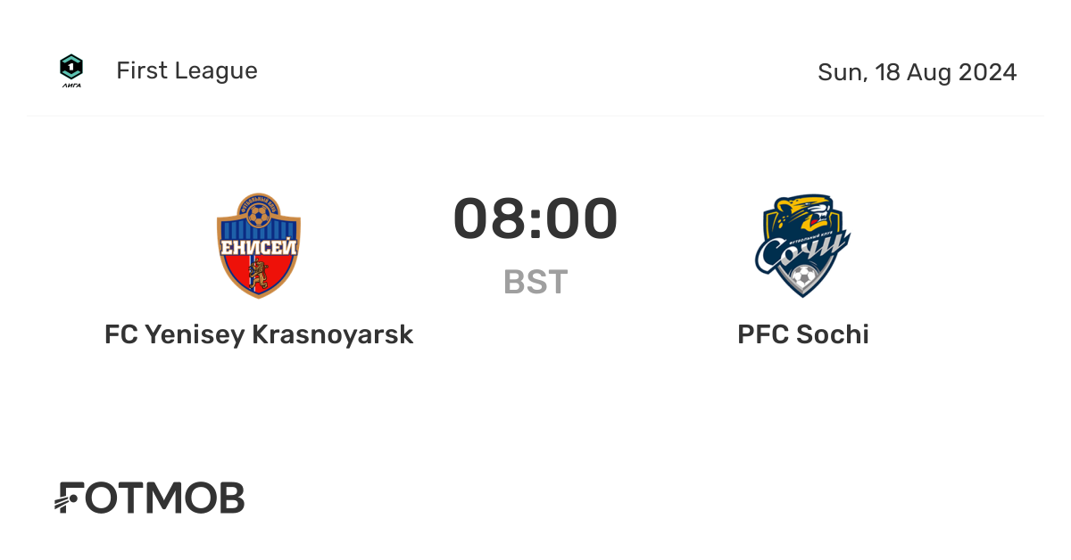 FC Yenisey Krasnoyarsk vs PFC Sochi - marcador en vivo, alineaciones previstas y estadísticas H2H