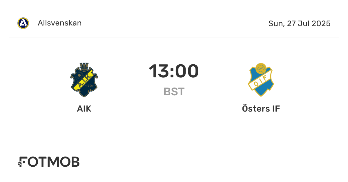 AIK mot Östers IF - live resultat, förväntad startelva och H2H statistik