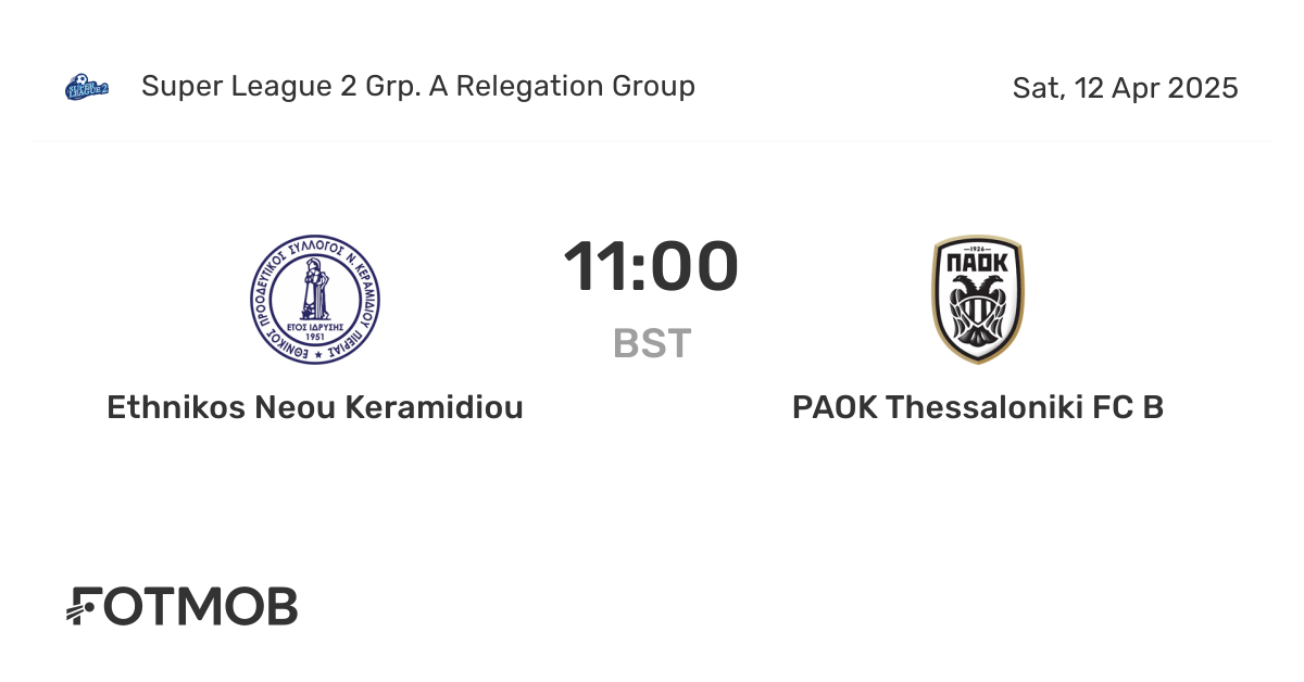 Ethnikos Neou Keramidiou vs PAOK Thessaloniki FC B - live score, predicted lineups and H2H stats