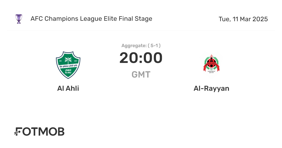 Al Ahli ปะทะ Al-Rayyan - คะแนนสด, ตัวจับแข้งที่คาดการณ์และสถิติ H2H