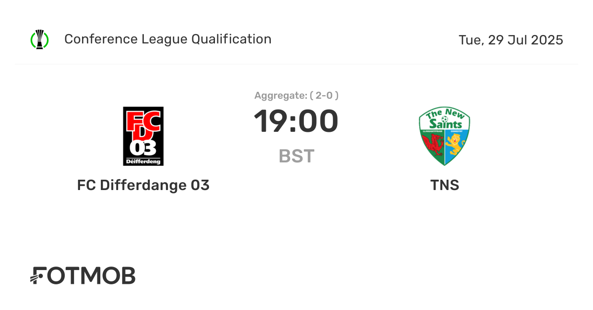 FC Differdange 03 vs TNS - live score, predicted lineups and H2H stats